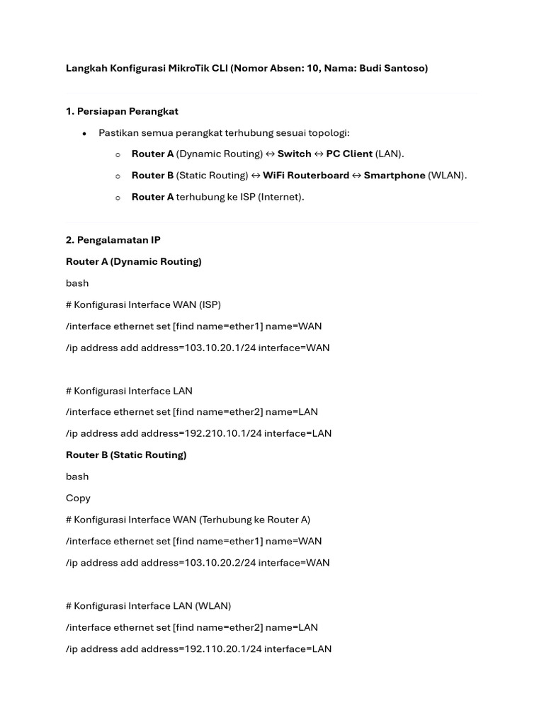 Langkah Konfigurasi MikroTik CLI | PDF
