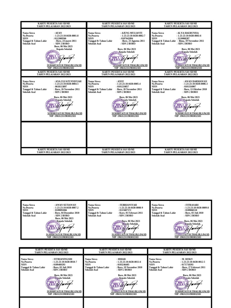 Kartu Peserta Sas SD 2023 | PDF