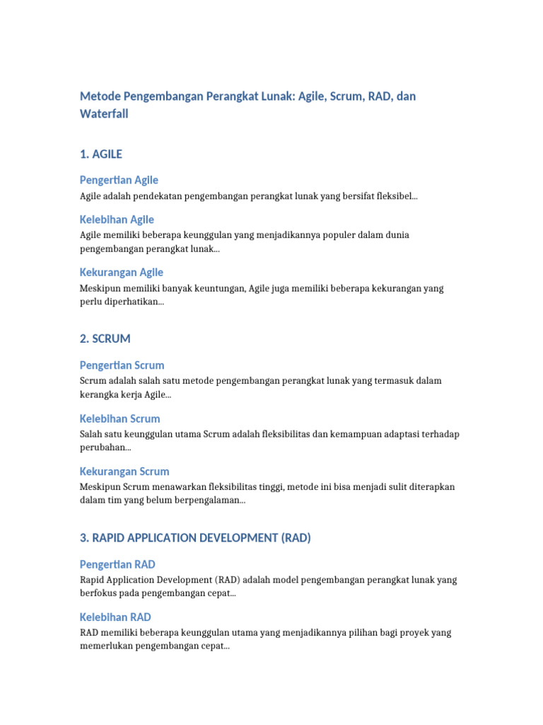 Metode Pengembangan Perangkat Lunak: Agile, Scrum, RAD, Waterfall | PDF