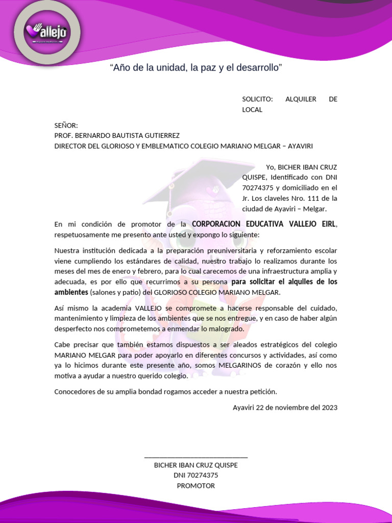 Solicitud de Alquiler de Local Educativo | PDF