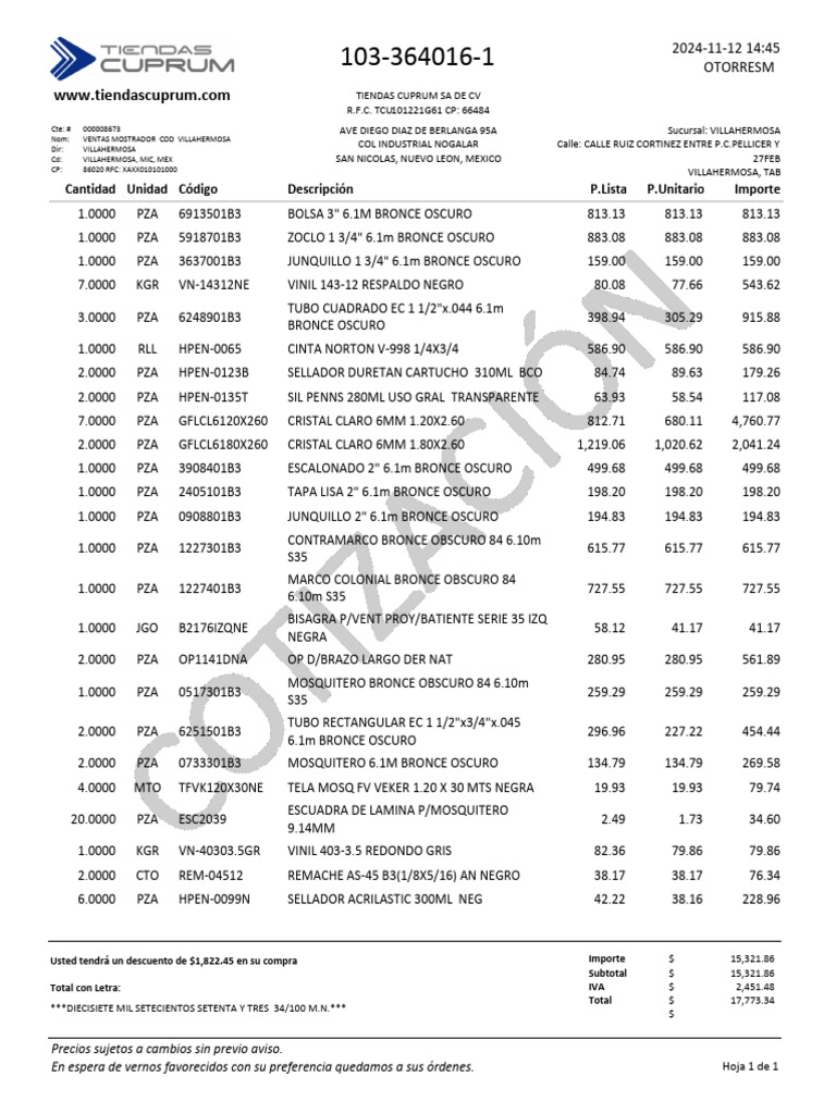 Cotización Aluminio Ventanas | PDF