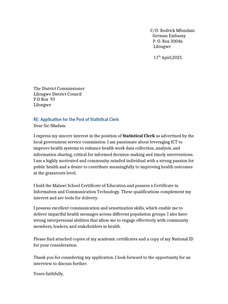 Application Letter Statistical Clerk | PDF