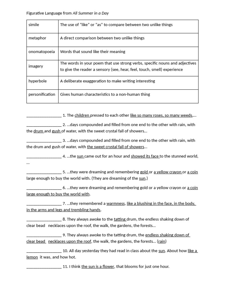 Figurative Language From All Summer in A Day | PDF | Linguistic ...
