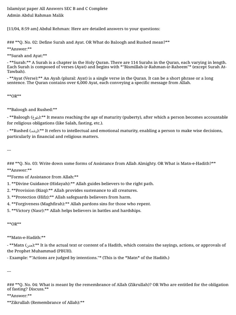 Islamiyat Paper Sec B and C Admin Abdul Rahman Malik Text To PDF | PDF | Quran | Islam