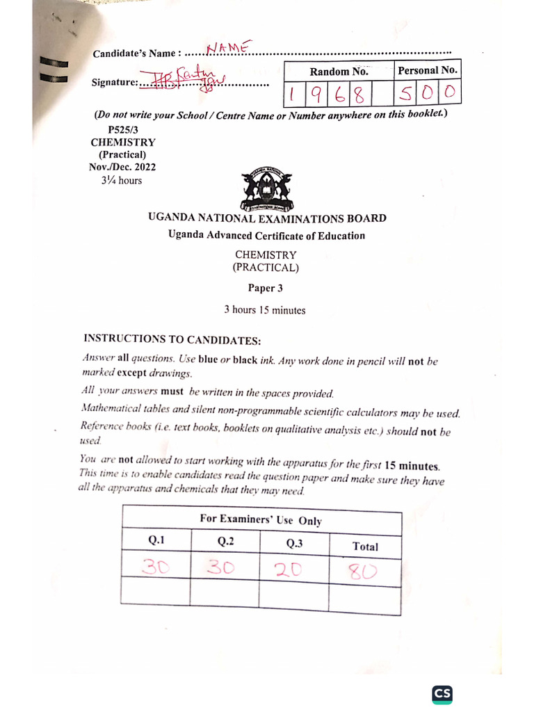 CHEMISTRY PRACTICAL UNEB 2022 UACE | PDF