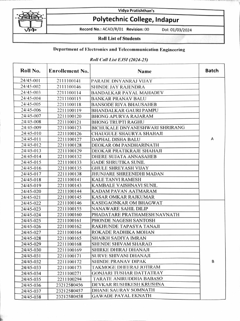 Updated Roll Call List AY 2024-25 | PDF