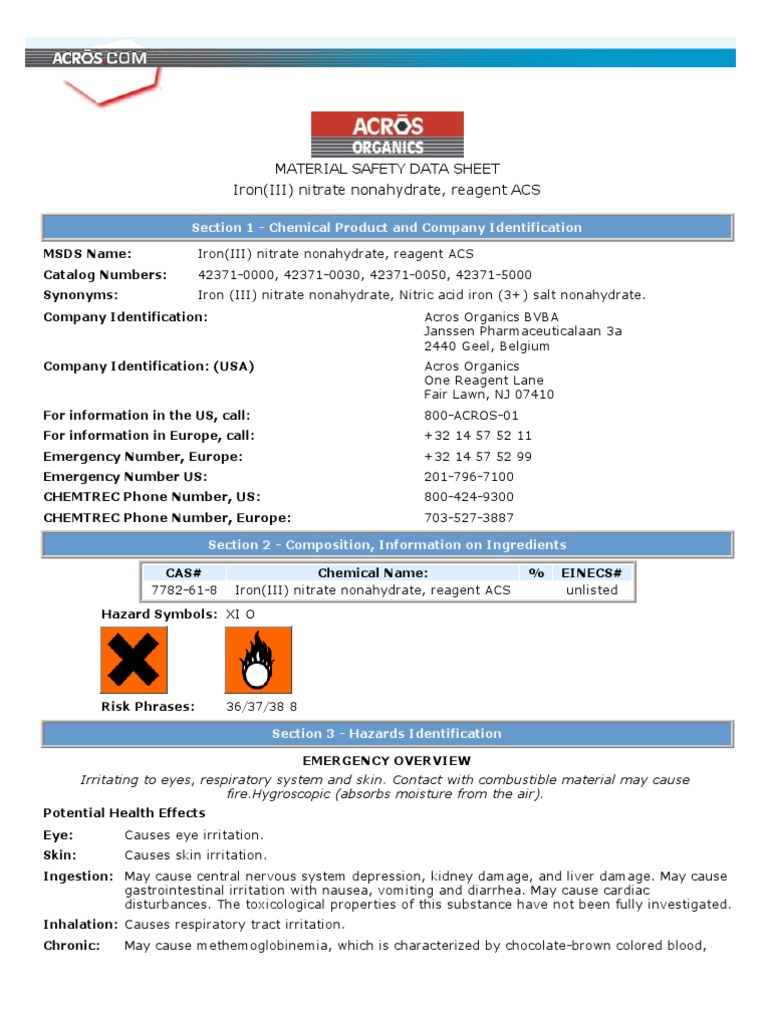 Material Safety Data Sheet Iron (III) Nitrate Nonahydrate, Reagent ACS ...