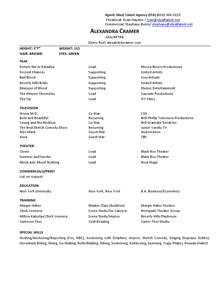 Alexandra Cramer's Acting Resume | PDF
