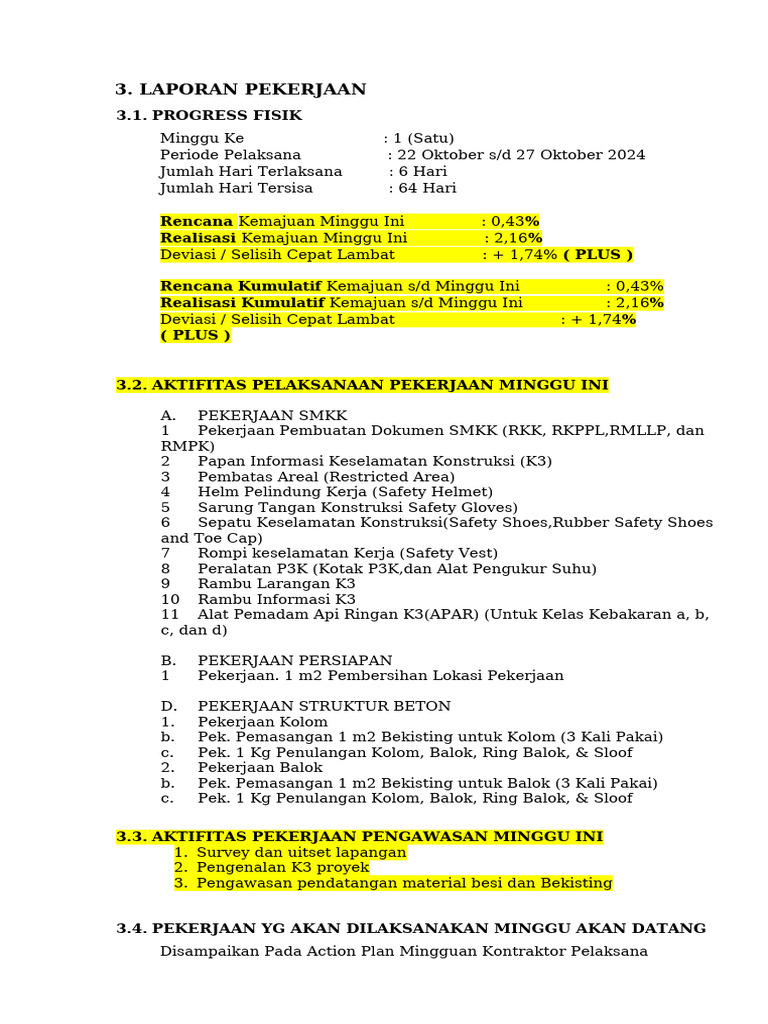 Laporan Progres Pekerjaan Konstruksi Minggu 1 | PDF