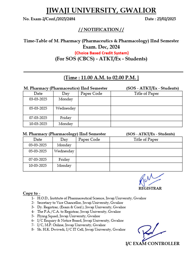 Time Table of M. Pharmacy Pharmaceutics Pharmacology IInd Semester For SOS ATKT Ex Students Only ...