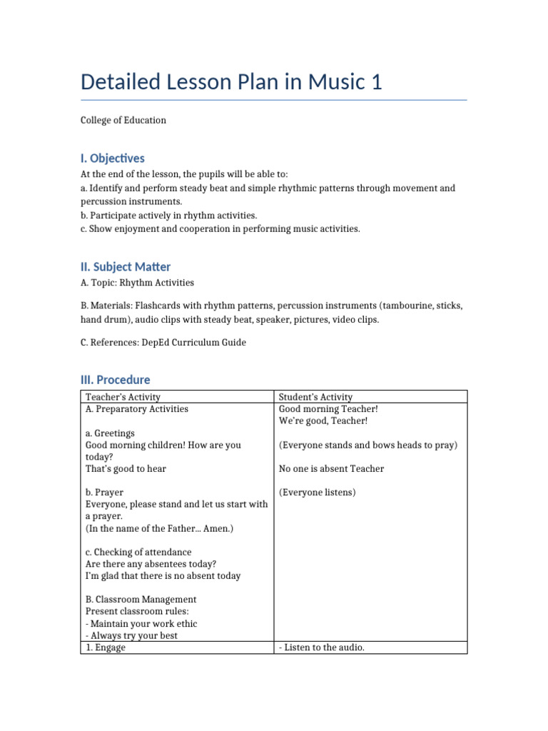 Detailed Lesson Plan 5es Music1 | PDF | Rhythm | Lesson Plan