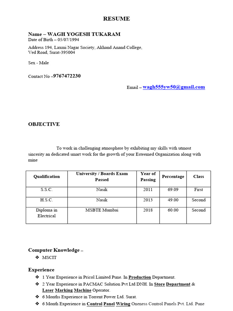 Resume of Wagh Yogesh Tukaram | PDF
