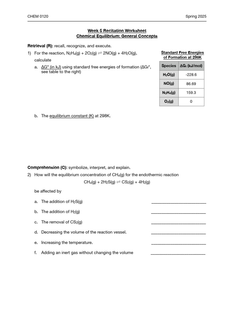 Chemical Equilibrium Worksheet Spring 2025 | PDF | Chemical Reactions ...