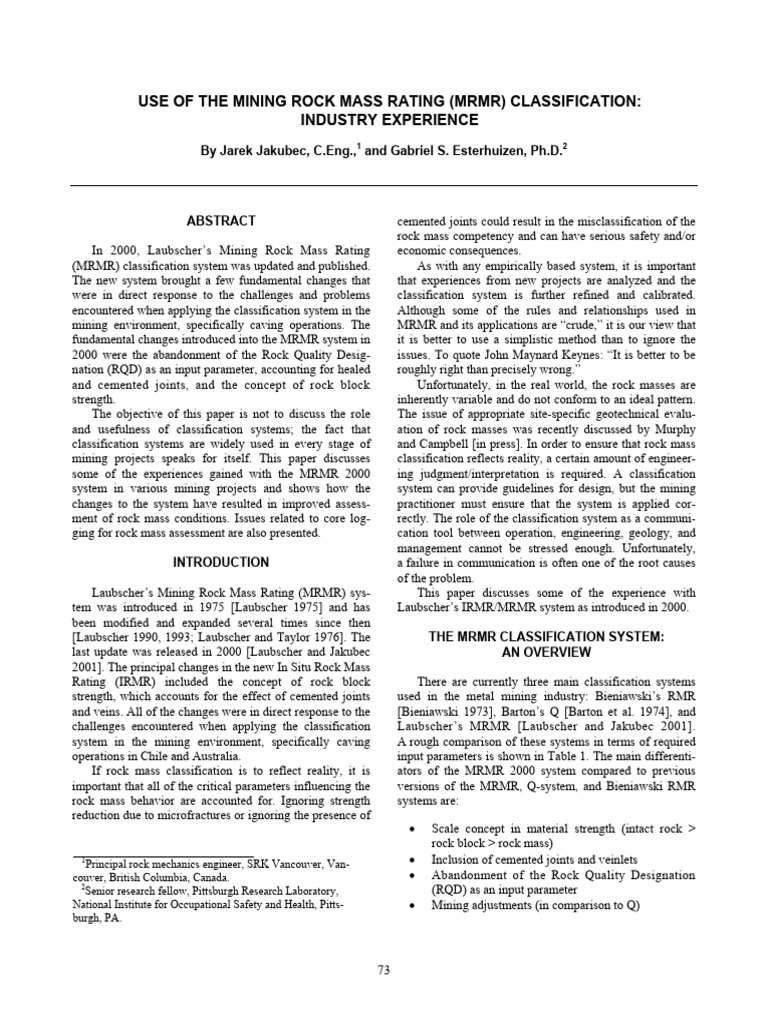Use of The Mining Rock Mass Rating MRMR-1 | PDF | Fracture | System