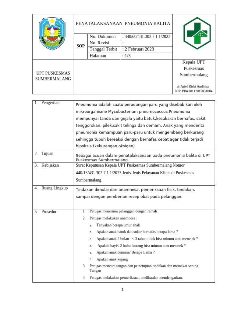 Sop Penatalaksanaan Pneumonia Balita | PDF