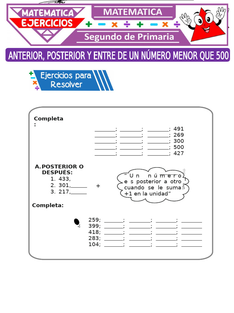 Anterior Posterior y Entre de Un Numero Menor Que 500 para Segundo ...
