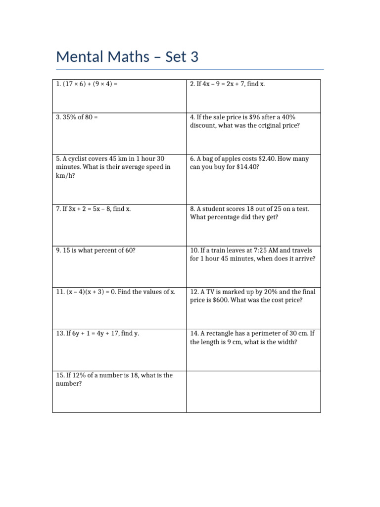 Mental Maths Set 3 | PDF