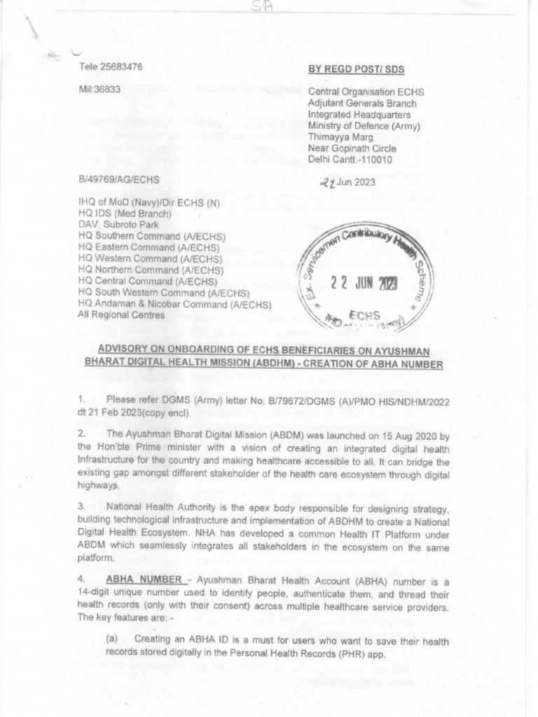 Advisory On Onboarding of Echs Beneficiaries On Ayushman Bharat | PDF