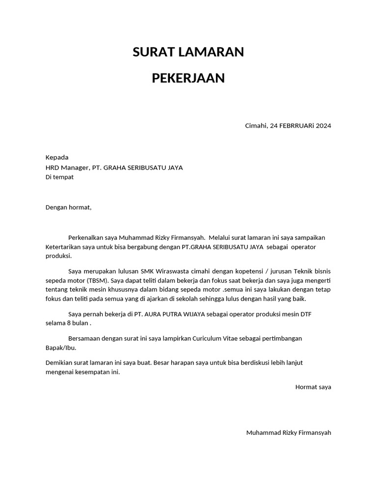 surat lamaran pekerjaan muhammad rizky firmansyah | PDF