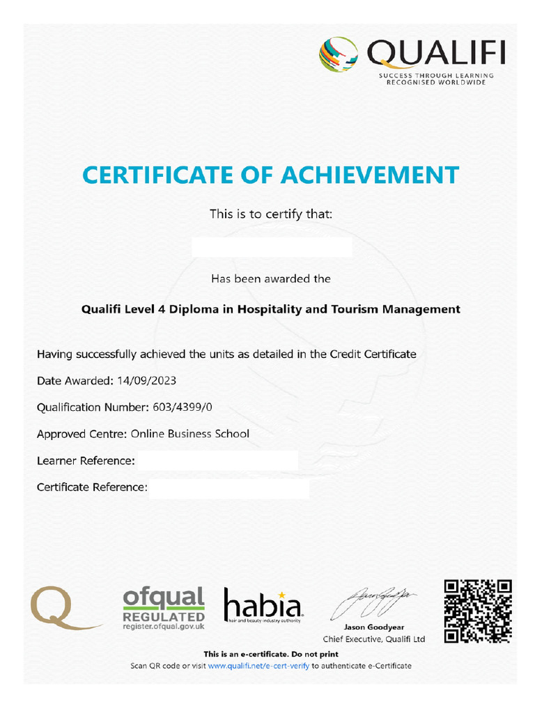 Level 4 Hotel and Hospitality Sample Certificate | PDF