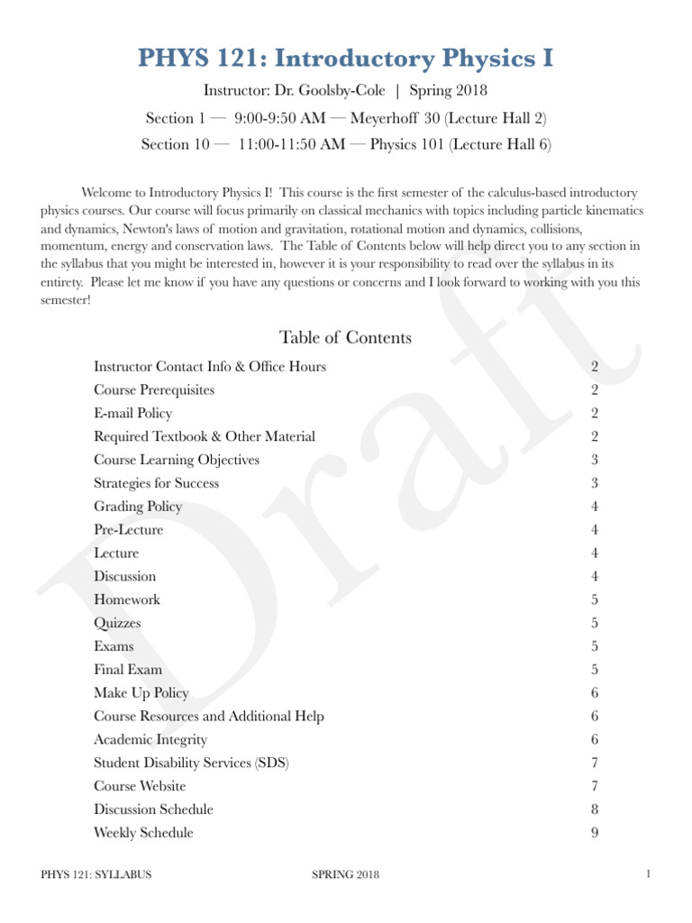Spring 2018 PHYS 121 Introductory Physics I | PDF | Classical Mechanics ...