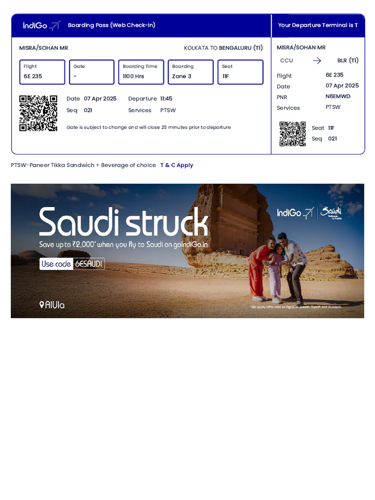 Boarding Pass CCU To BLR | PDF