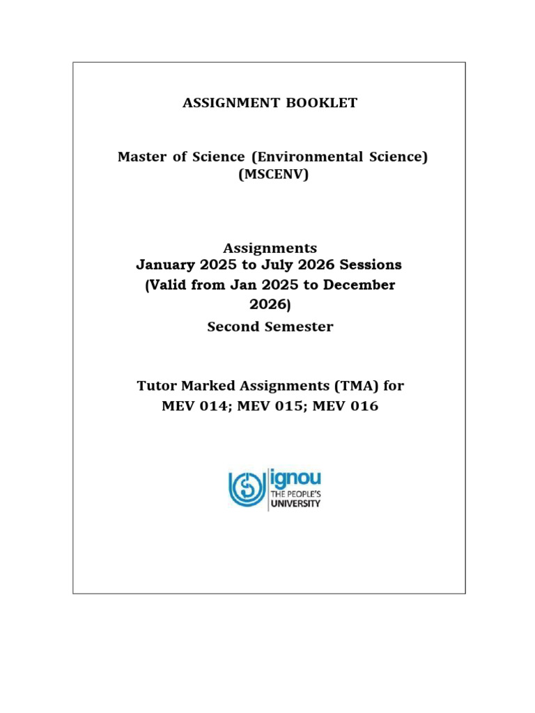 ASSIGNMENT BOOKLET MSCENV - 2025-26 - Semester - II - MEV 014 - MEV 015 - MEV 016 | PDF ...