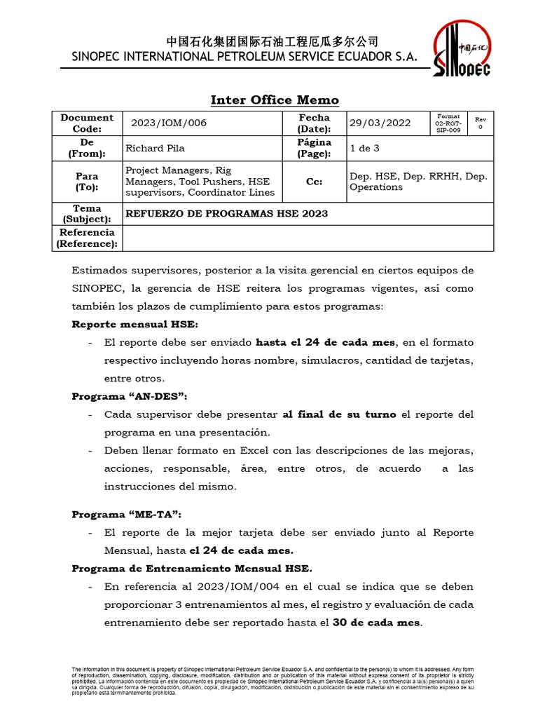 IOM HSE 006 Refuerzo de Programas HSE | PDF