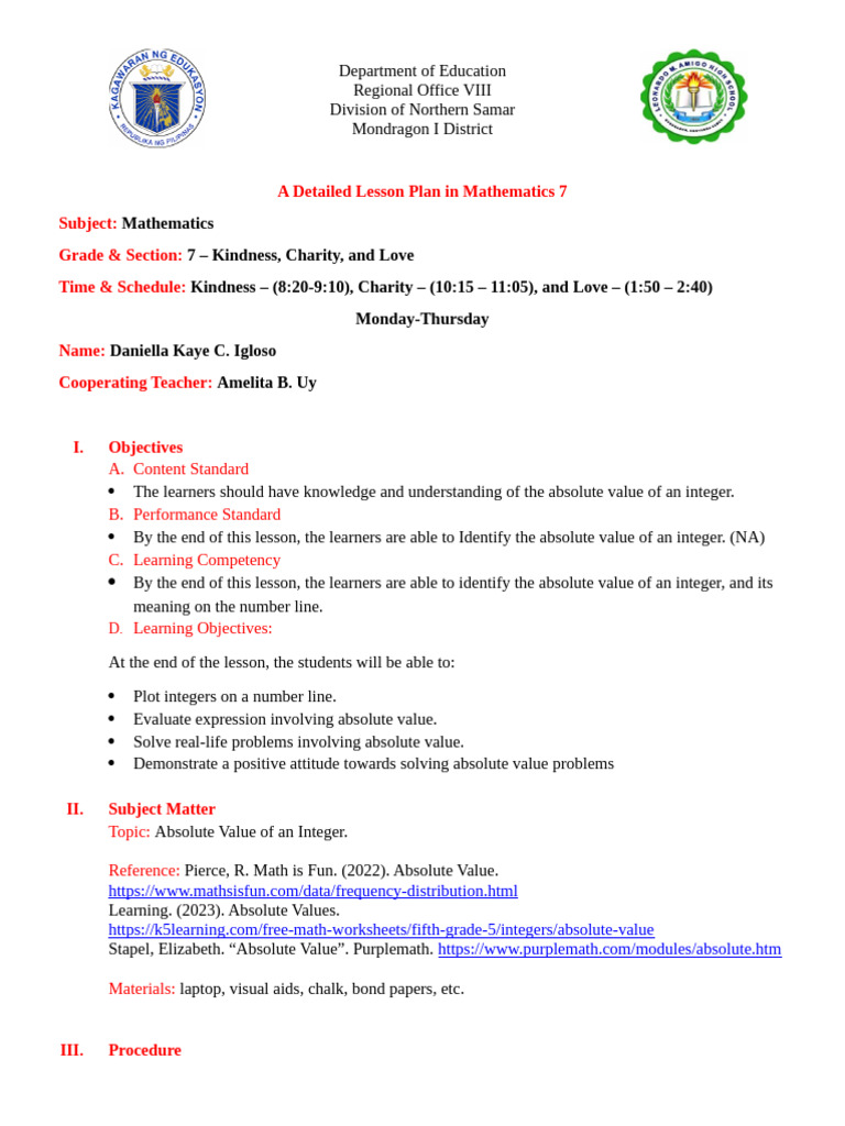 LP For ABSOLUTE VALUE OF AN INTEGER | PDF | Numbers | Learning