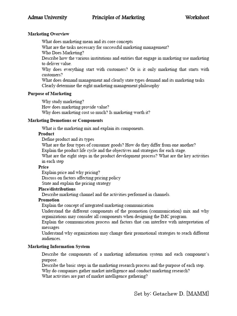 principles of marketing, worksheet | PDF | Marketing | Business