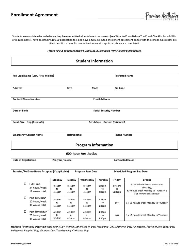 Enrollment Agreement 7-18-2024 | PDF | Fee | Tuition Payments