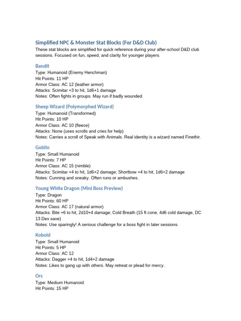 Simplified NPC Monster Stat Blocks DND Club | PDF