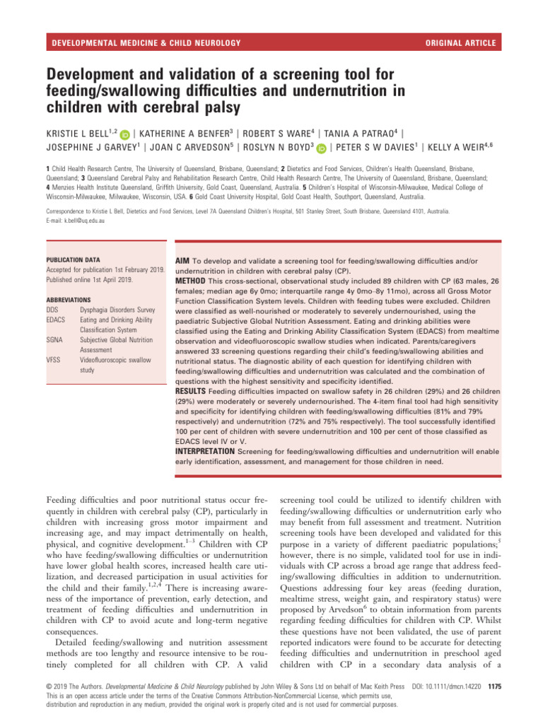Development and Validation of A Screening Tool For FeedingSwallowing ...