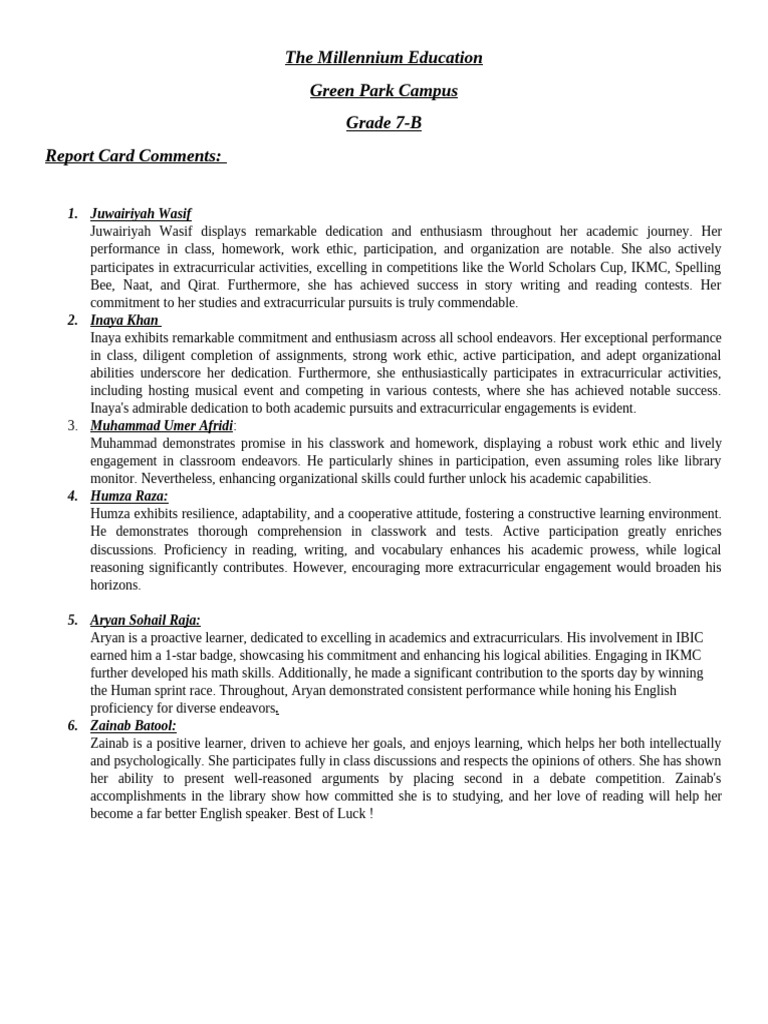 Final Comeents 2024 Grade 7B | PDF | Behavior Modification | Learning