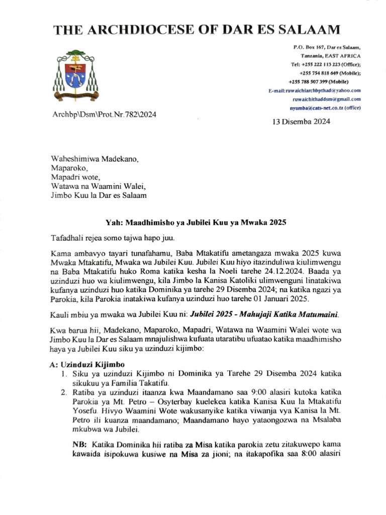 Barua Ya Askofu - Jubilei Kuu | PDF