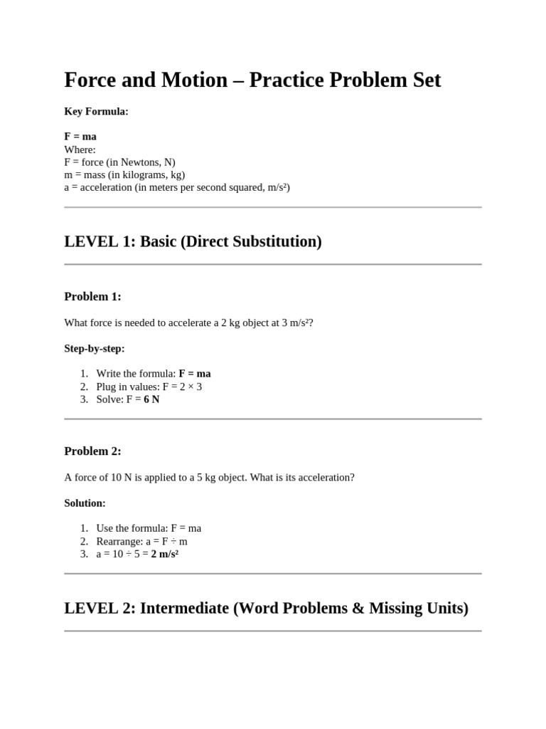 Force and Motion Practice Problem Set | PDF | Force | Mass