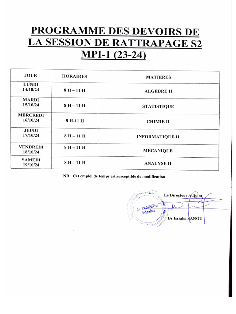 Programme S2 Rattrapage MPI1 | PDF