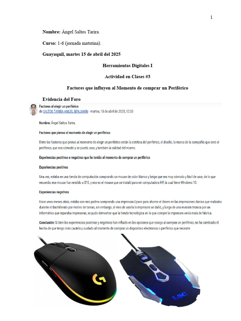 Actividad en Clases de los Factores para Comprar un Periférico de ...