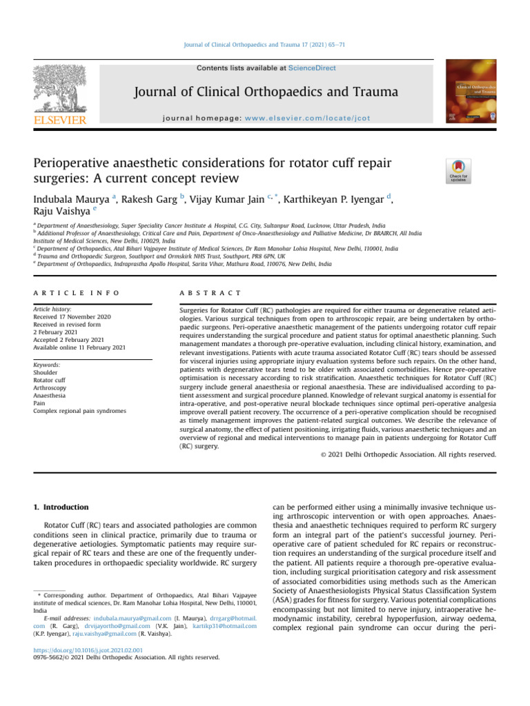 Perioperative Anesthesia for Rotator Cuff Repair | PDF | Anesthesia ...