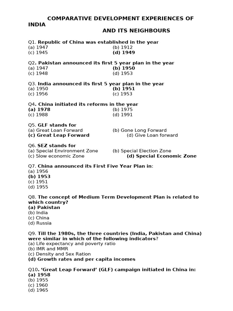 MCQS COMPARATIVE DEVELOPMENT EXPERIENCES OF INDIA (1) | PDF | Gross ...