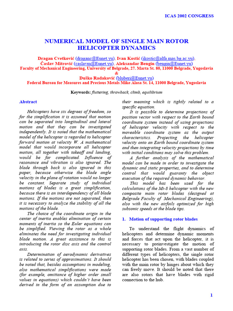 Numerical Model of Single Main Rotor Hel | PDF | Helicopter Rotor | Helicopter