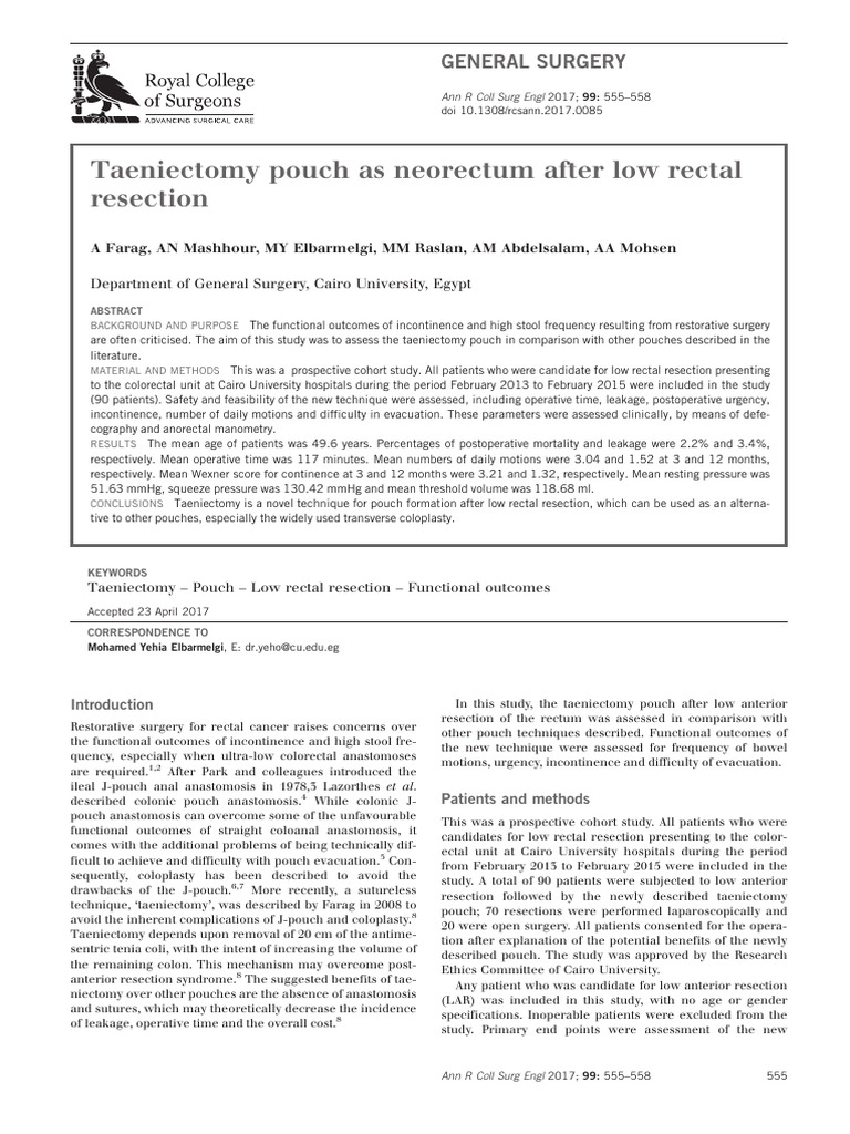 Farag Et Al 2017 Taeniectomy Pouch As Neorectum After Low Rectal Resection | PDF | Rectum ...