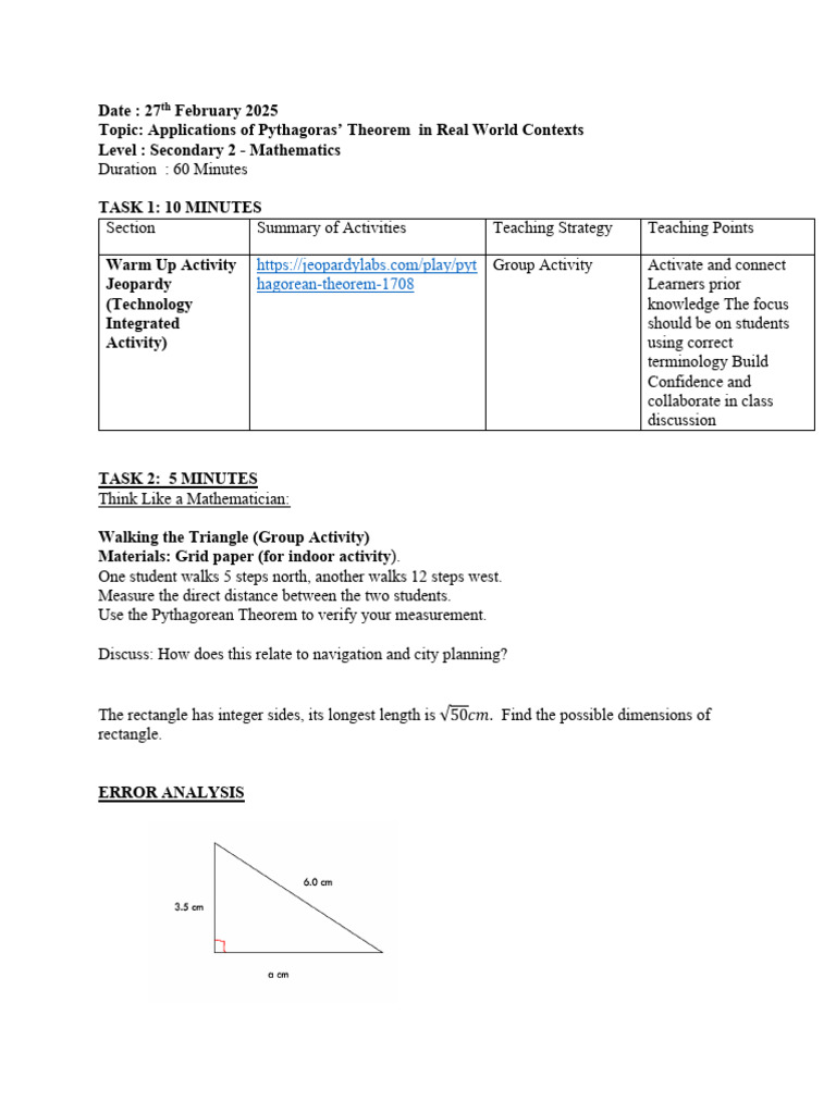 Sec 2 27:2:25 Teaching Plan Pythagoras Theorem | PDF | Mathematics