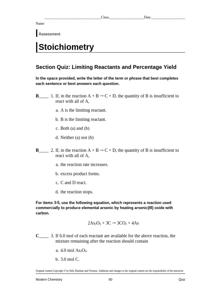 Limiting Reactant Percentage Yield Practice | PDF | Chemistry ...