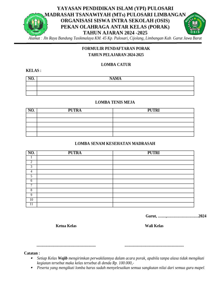 Formulir Pendaftaran PORAK 2024-2025 | PDF