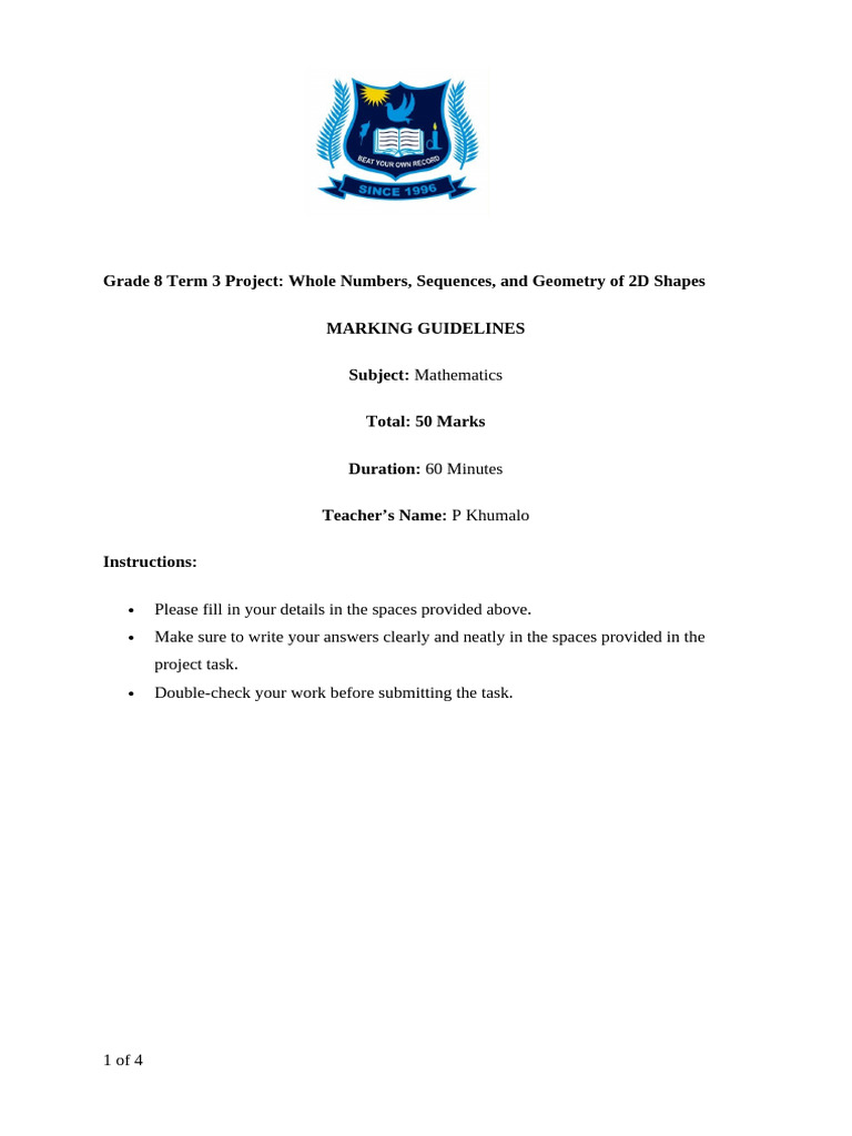 Grade 8 Term 3 Project Memo | PDF | Prime Number | Mathematics