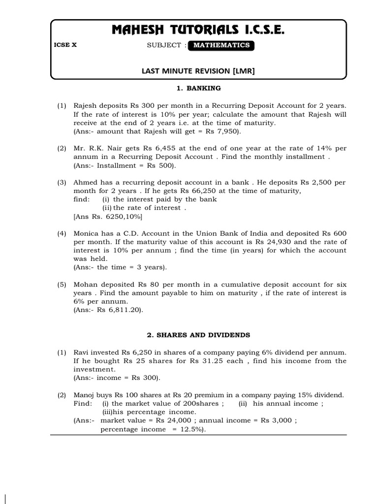 MAHESH TUTORIALS -ICSE-LMR | PDF | Dividend | Factorization