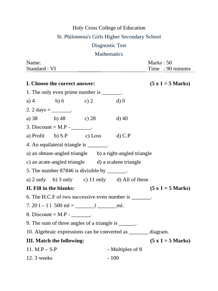 Class 6 Mathematics Diagnostic Test | PDF | Factorization | Geometry