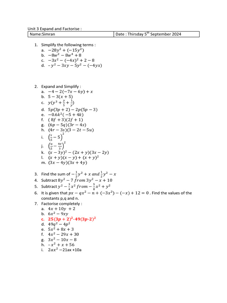 Unit 3 Expand and Factorise Nanyang School | PDF