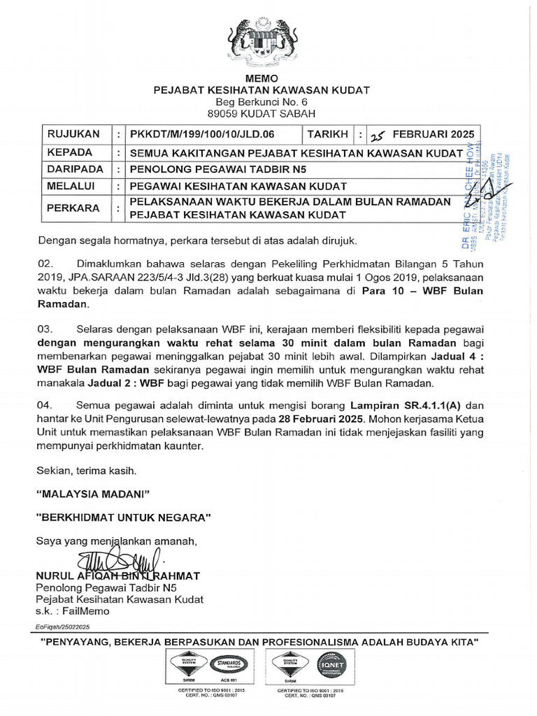 Memo Pelaksanaan Waktu Bekerja Dalam Bulan Ramadan PKK Kudat | PDF